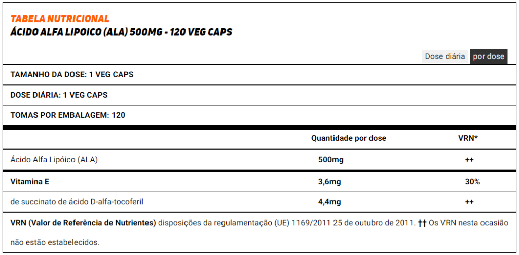 ACIDO ALFA LIPOICO (ALA) 500mg – 120 cápsulas – Clínica Vida Melhor